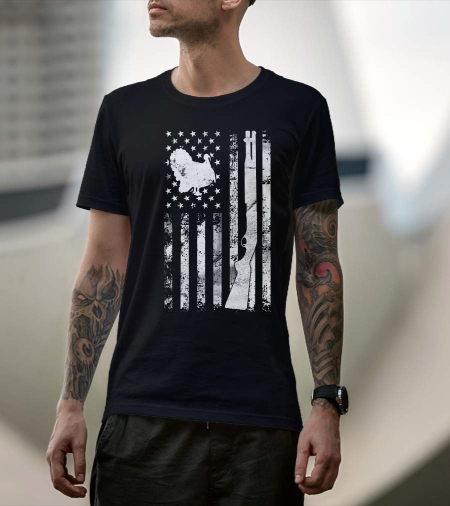 Turkey Hunting American Flag With Rifle And Stars T-Shirt