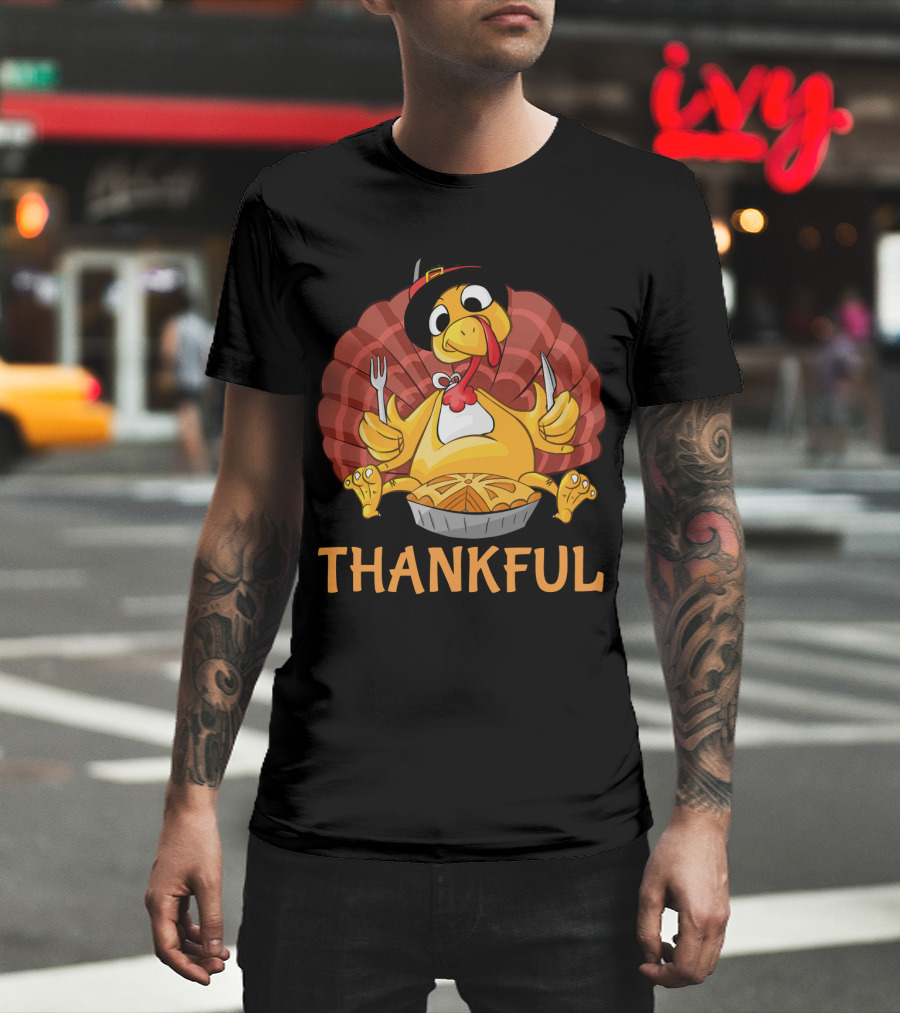 Thankful Turkey With Pie And Pilgrim Hat T-Shirt