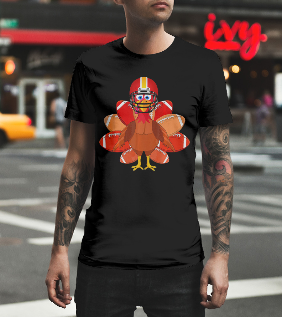 Turkey With Football Helmet Thankful Thanksgiving Football T-Shirt