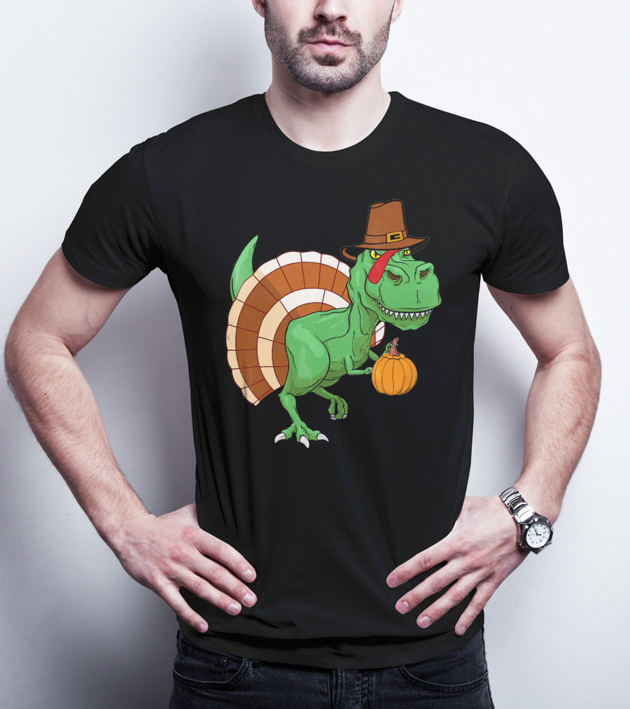 Thanksgiving T-Rex Turkey With Pilgrim Hat And Pumpkin T-Shirt