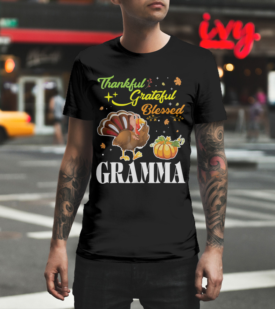 Thankful Grateful Blessed Gramma Turkey Pumpkin Thanksgiving Fall Leaves T-Shirt