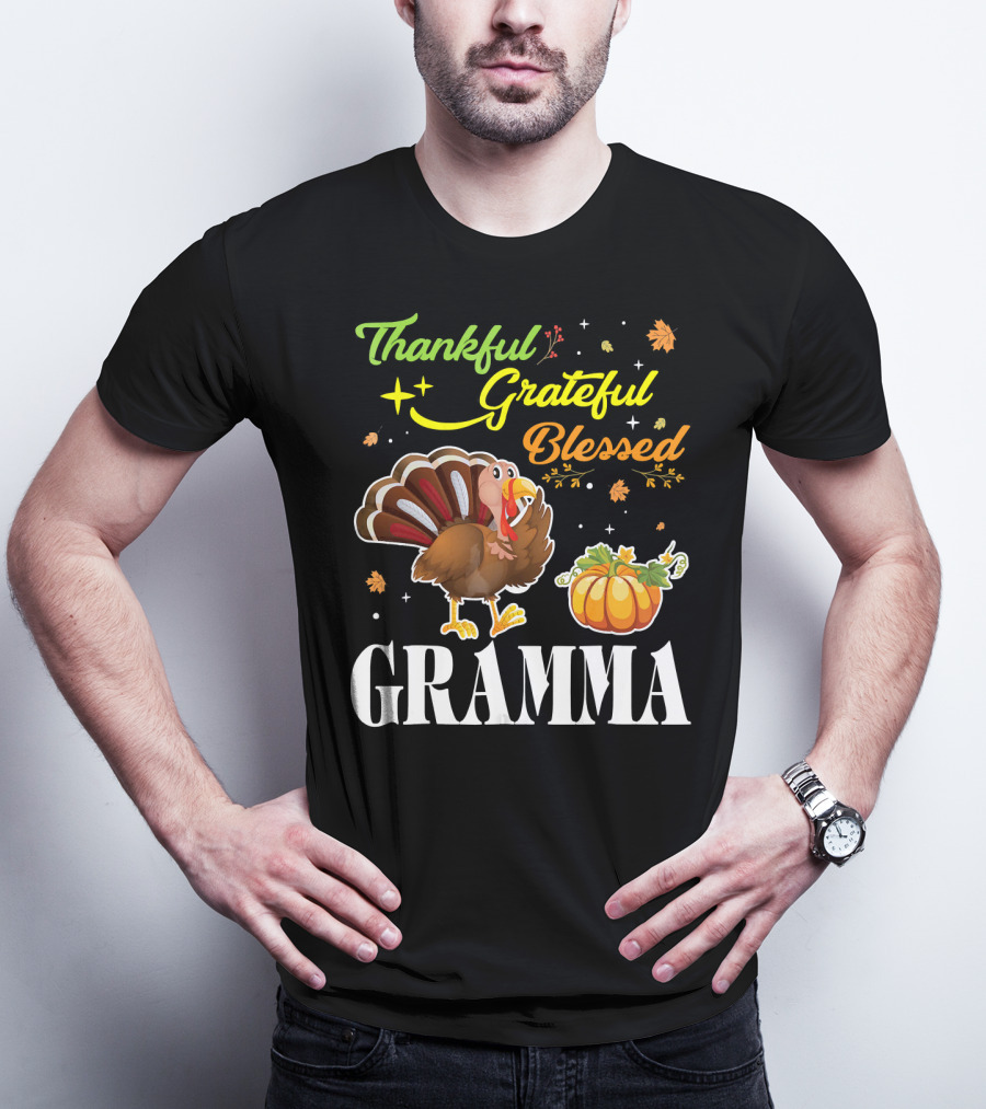 Thankful Grateful Blessed Gramma Turkey Pumpkin Thanksgiving Fall Leaves T-Shirt