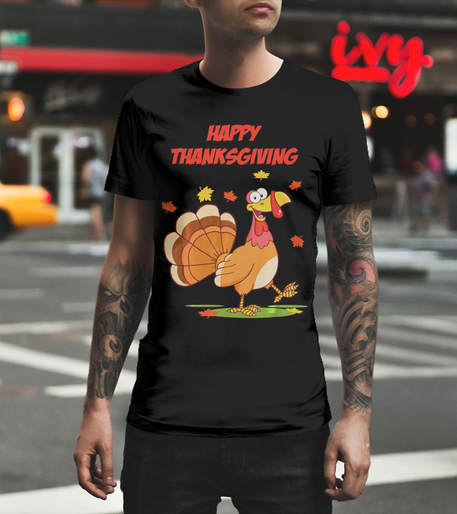 Happy Thanksgiving Funny Turkey Festive Cartoon With Falling Leaves T-Shirt