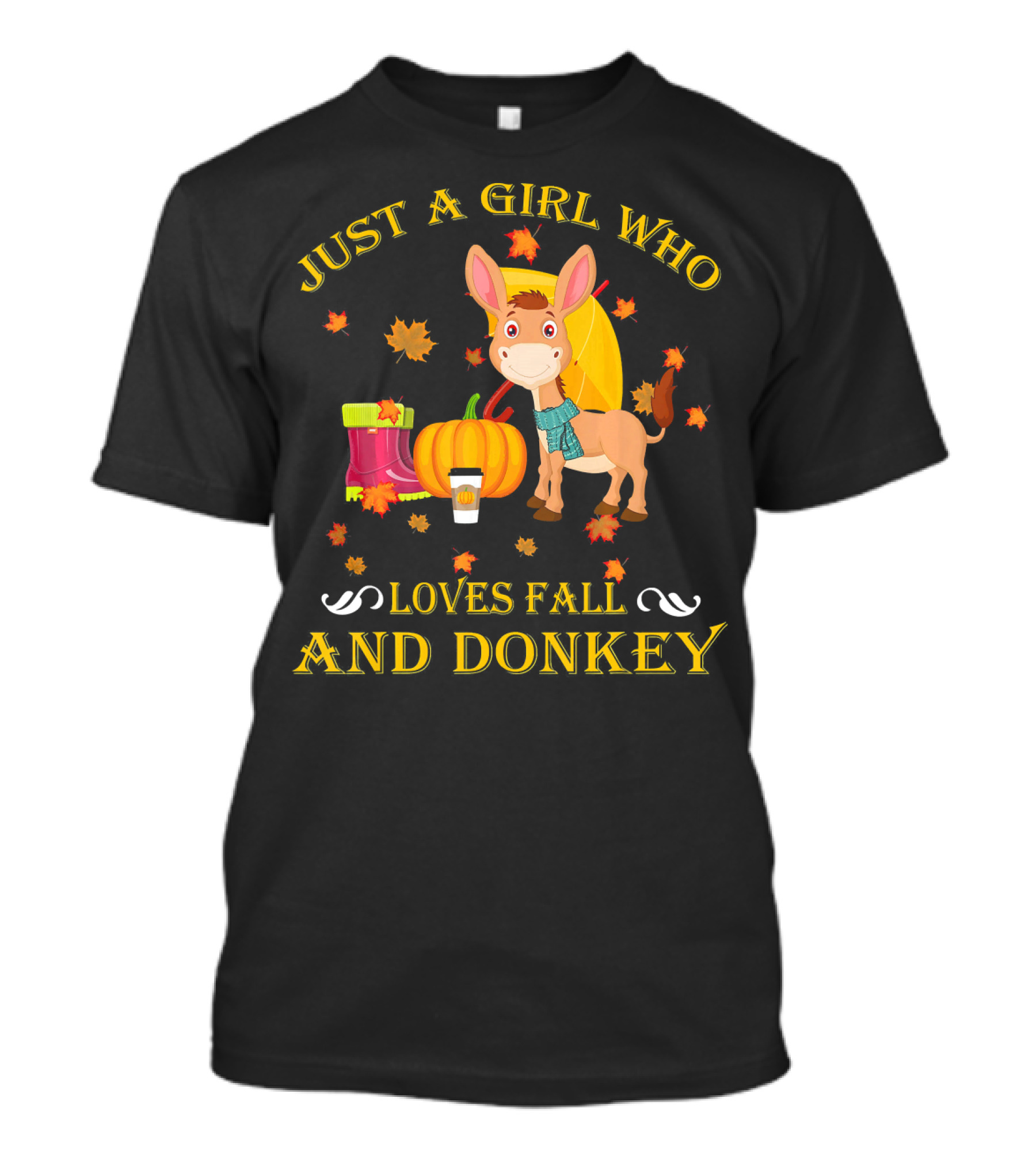Just A Girl Who Loves Fall And Donkey Autumn Leaves Pumpkins And Boots T-Shirt