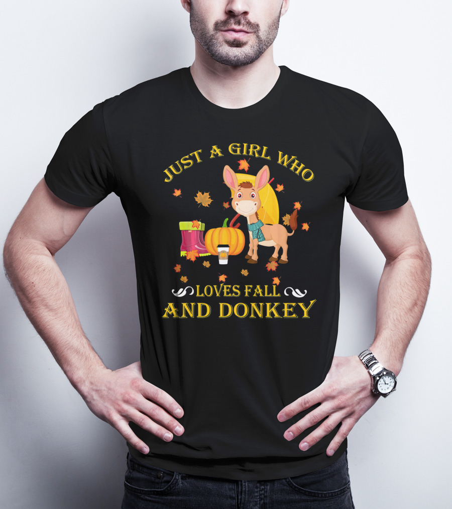Just A Girl Who Loves Fall And Donkey Autumn Leaves Pumpkins And Boots T-Shirt