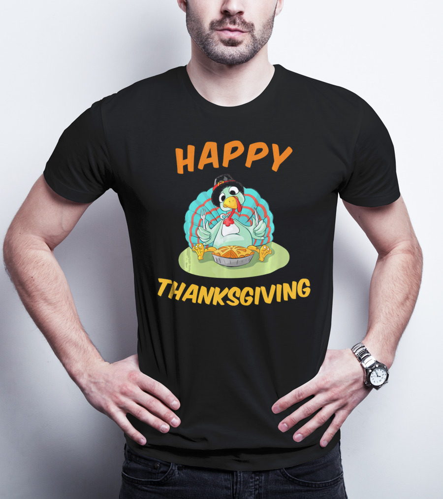 Happy Thanksgiving Funny Turkey Day Turkey Eating Pie T-Shirt