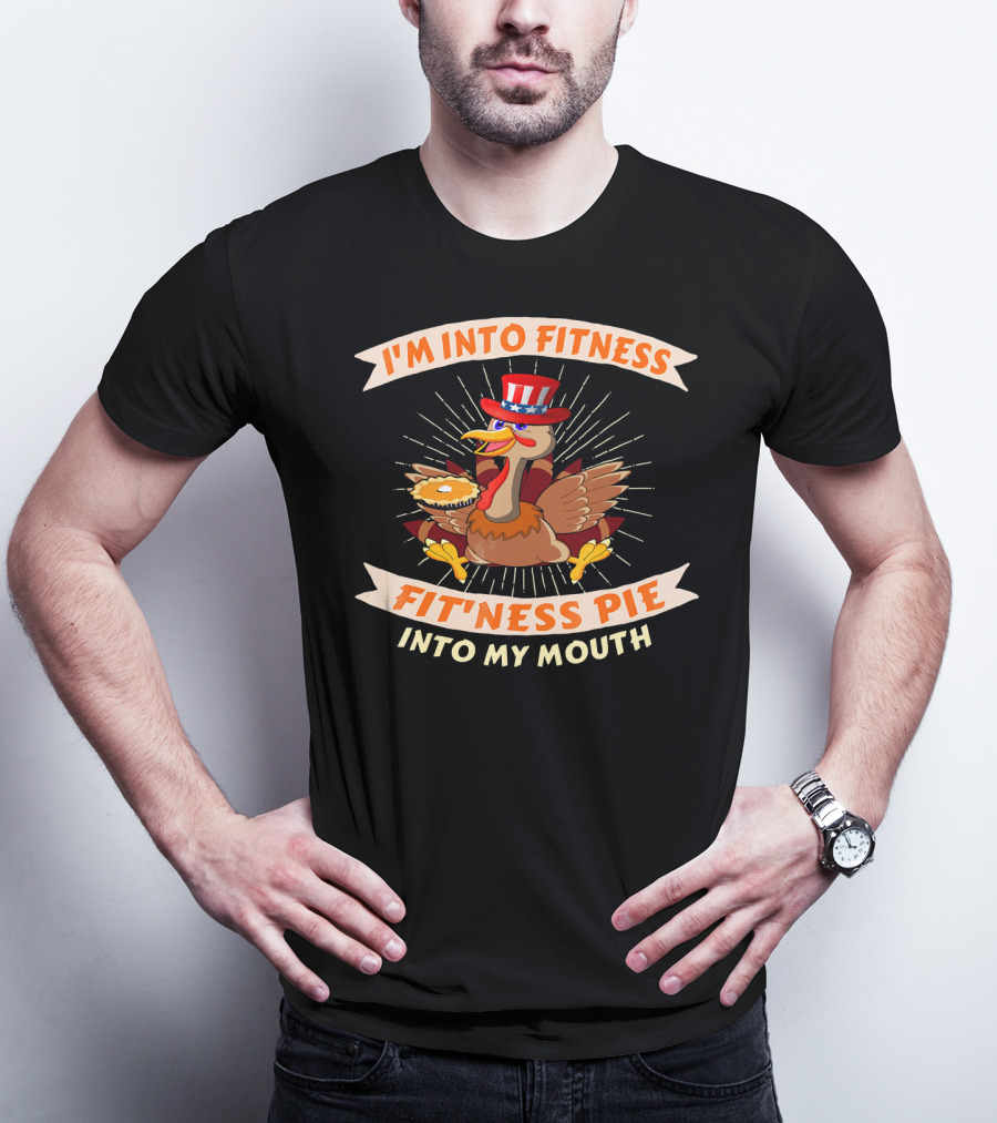 I'm Into Fitness Pie Into My Mouth Thanksgiving USA Flag Turkey T-Shirt
