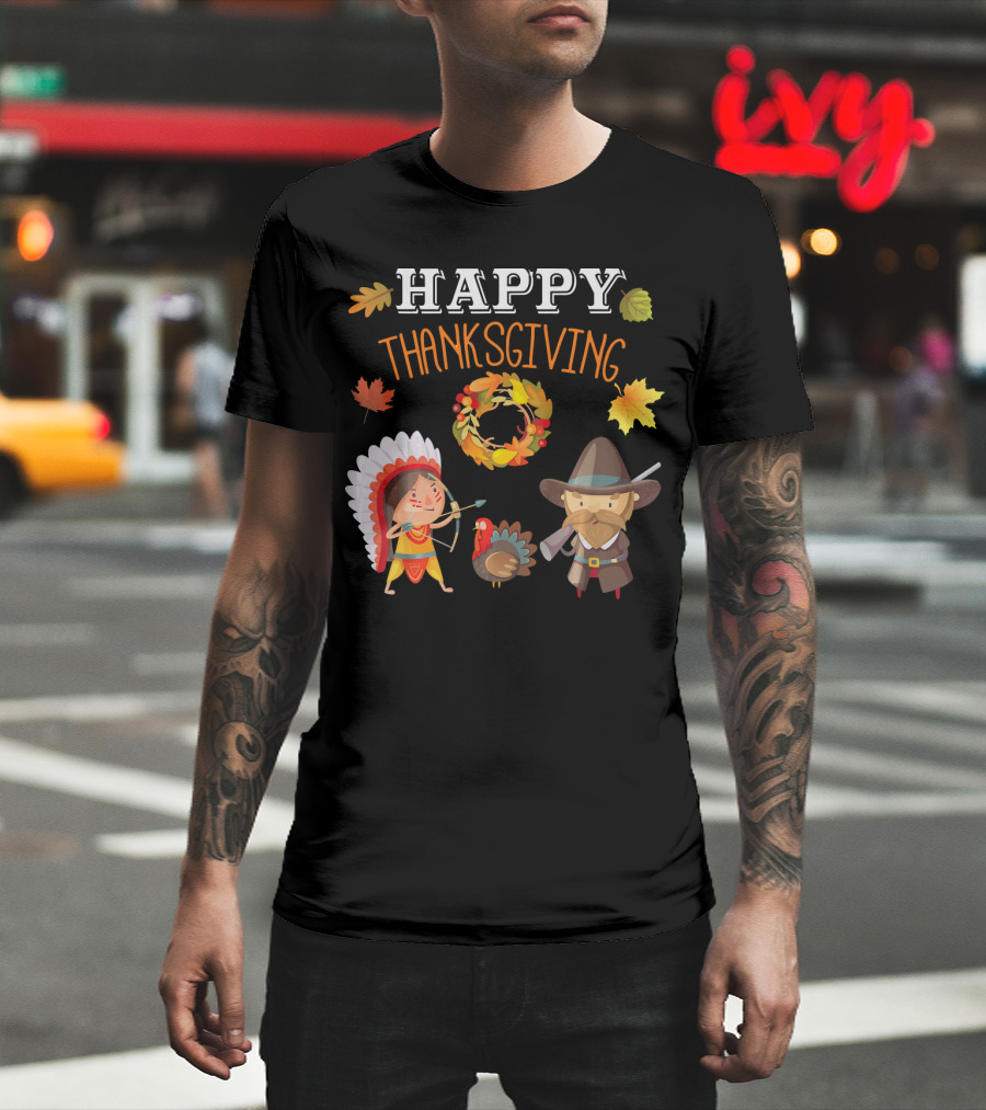 Thanksgiving Celebration With Native American And Pilgrim Turkey T-Shirt