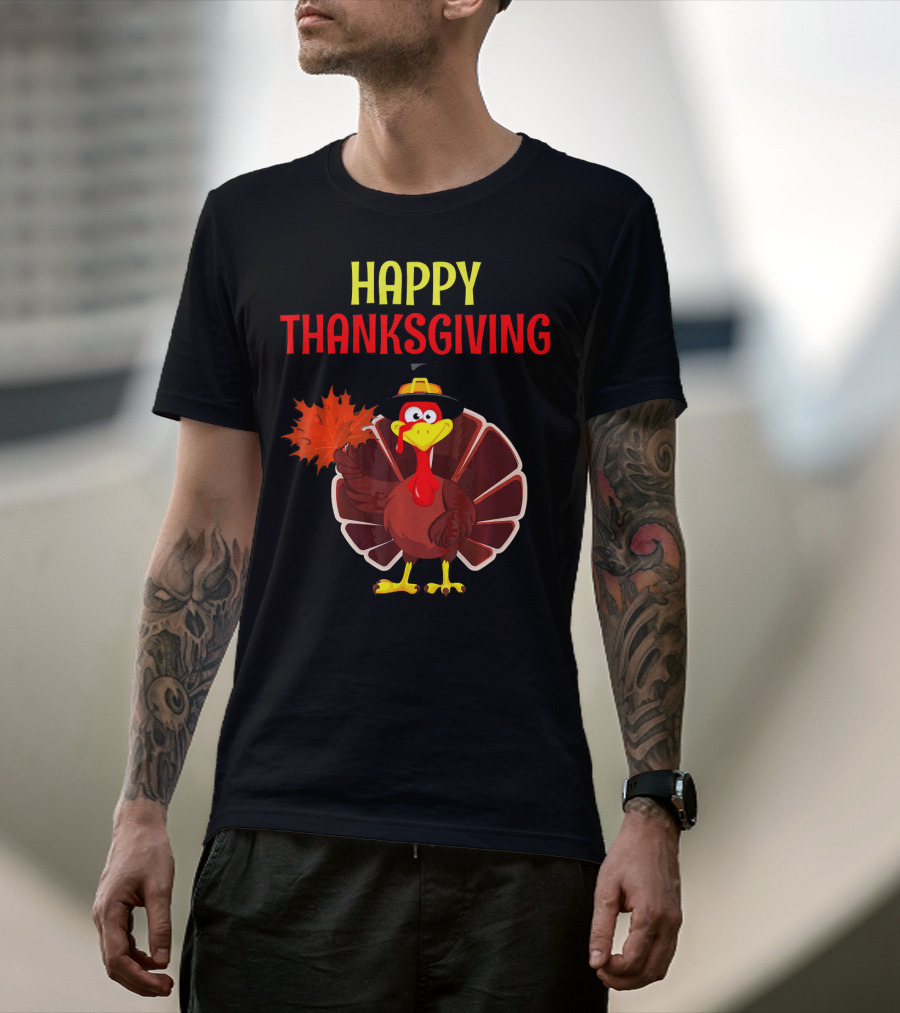 HAPPY THANKSGIVING Turkey Holding Leaf T-Shirt