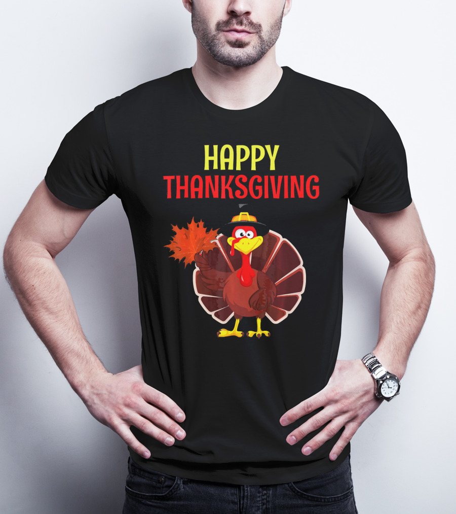 HAPPY THANKSGIVING Turkey Holding Leaf T-Shirt