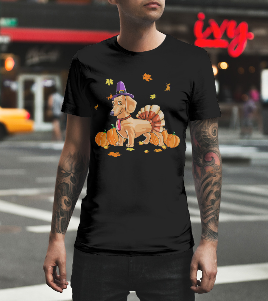 Happy Thanksgiving Dachshund Dressed As Turkey With Pumpkins And Fall Leaves T-Shirt