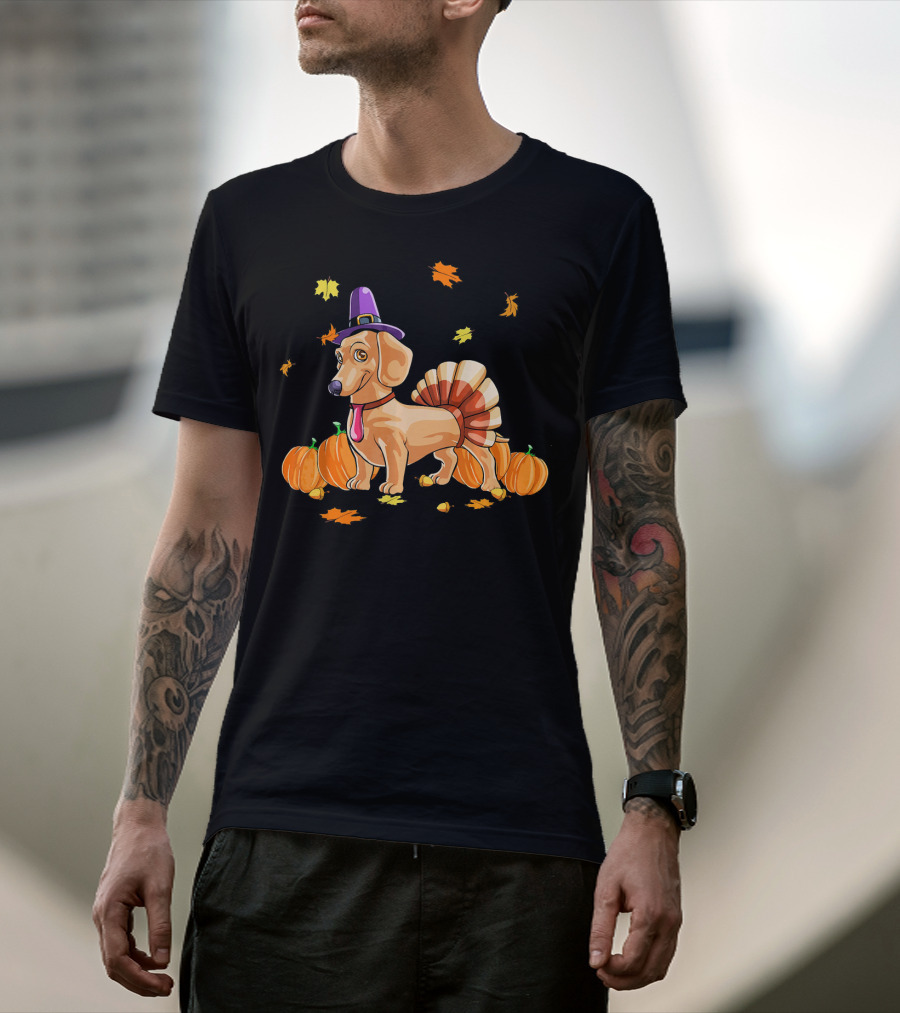 Happy Thanksgiving Dachshund Dressed As Turkey With Pumpkins And Fall Leaves T-Shirt
