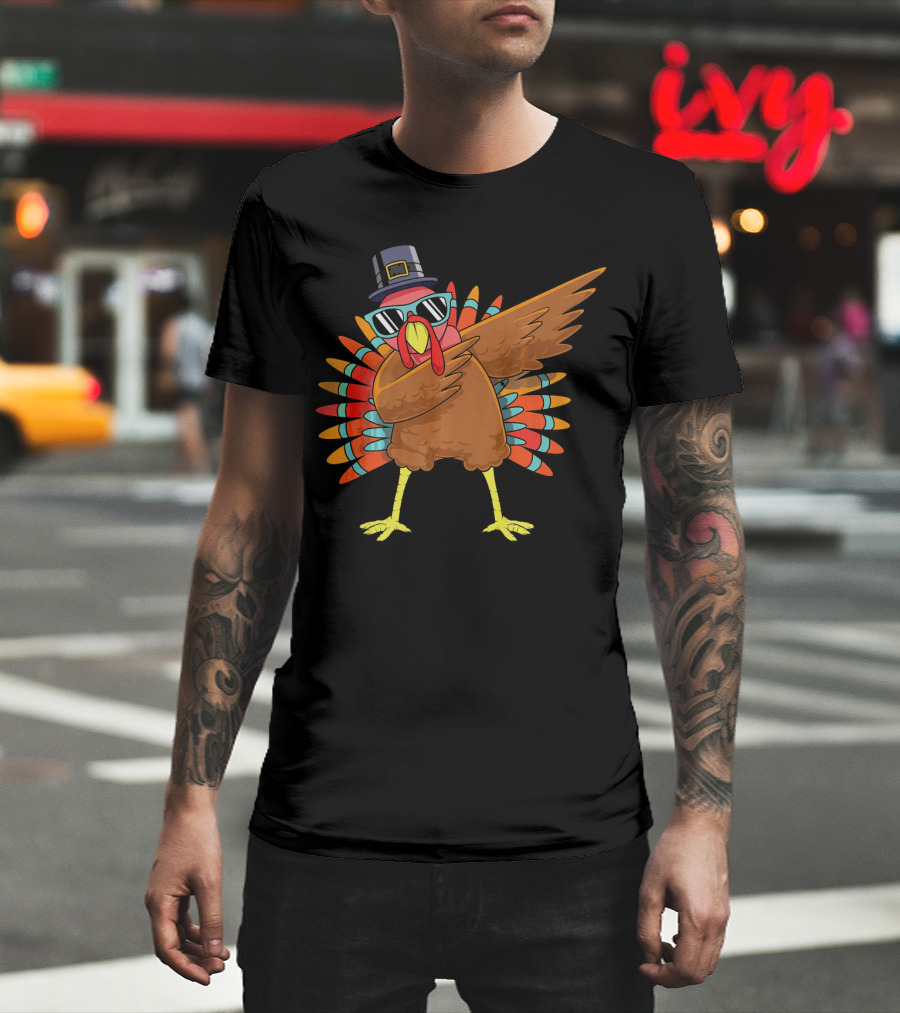 Funny Dabbing Turkey Dab Thanksgiving Bo Thanksgiving Turkey Dab Pilgrim Hat Sunglasses T-Shirt