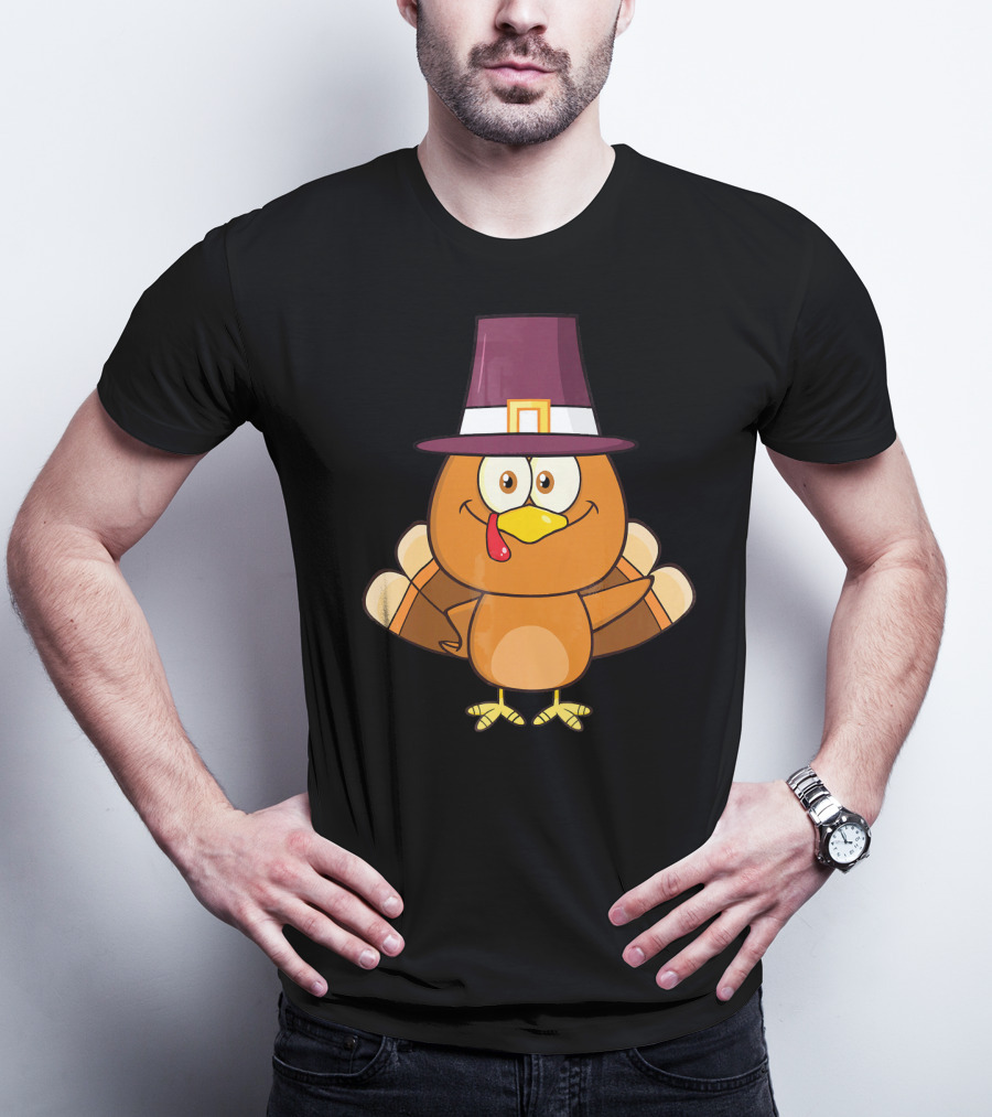 Cute Turkey Pilgrim With Hat And Feathered Wings T-Shirt