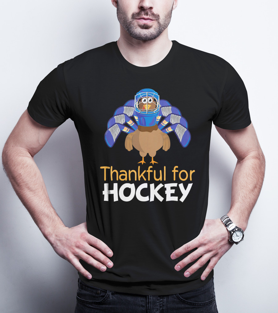 Thankful For Hockey Funny Turkey With Goalie Mask And Stick Feathers T-Shirt