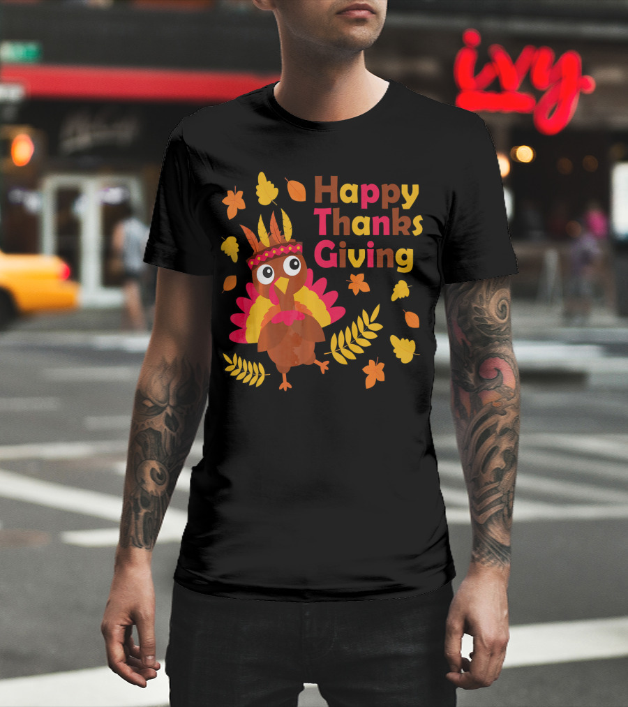 Happy Thanksgiving Cute Turkey With Native American Inspired Details And Autumn Leaves T-Shirt