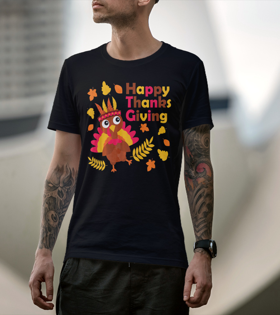 Happy Thanksgiving Cute Turkey With Native American Inspired Details And Autumn Leaves T-Shirt
