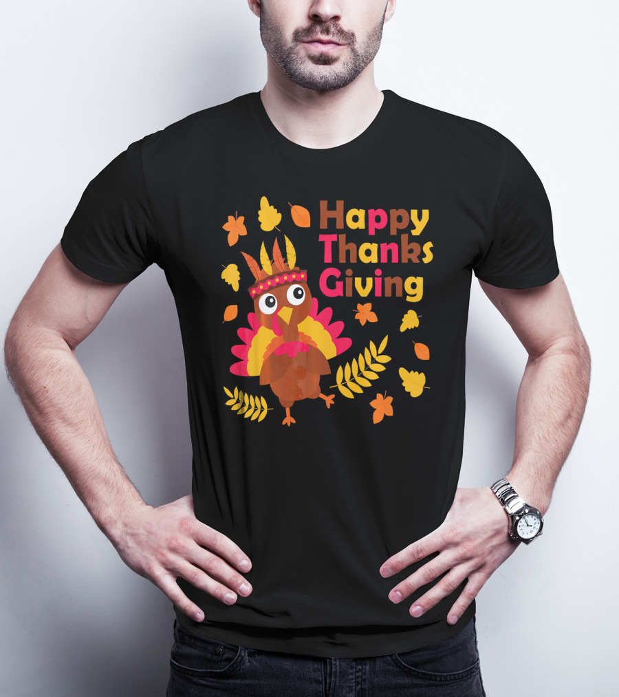 Happy Thanksgiving Cute Turkey With Native American Inspired Details And Autumn Leaves T-Shirt