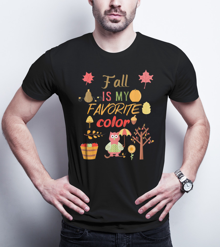 Fall Is My Favorite Color Owl With Umbrella Autumn Harvest Leaves Pumpkin Acorn T-Shirt