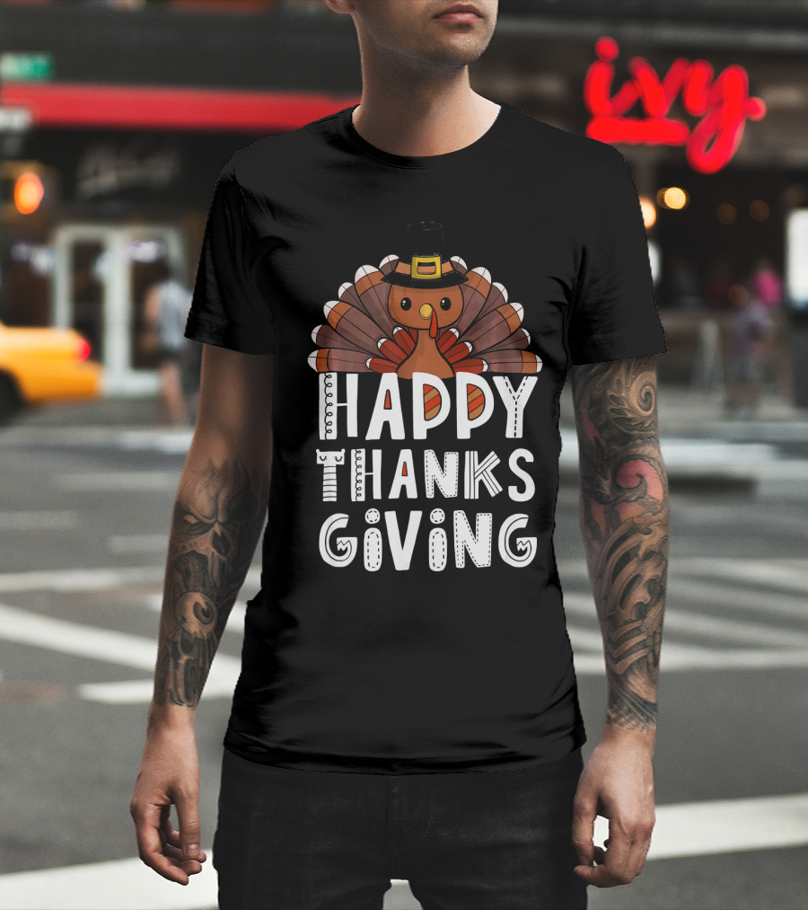Happy Thanksgiving Funny Turkey Day With Pilgrim Hat T-Shirt