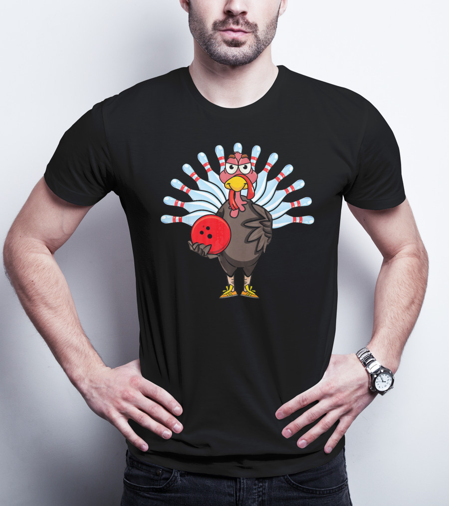 Thanksgiving Turkey Holding Bowling Ball With Pin Feathers T-Shirt
