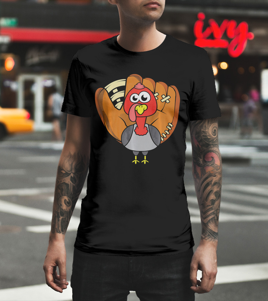 Turkey Day Cute Thanksgiving Boys Turkey With Baseball Glove T-Shirt