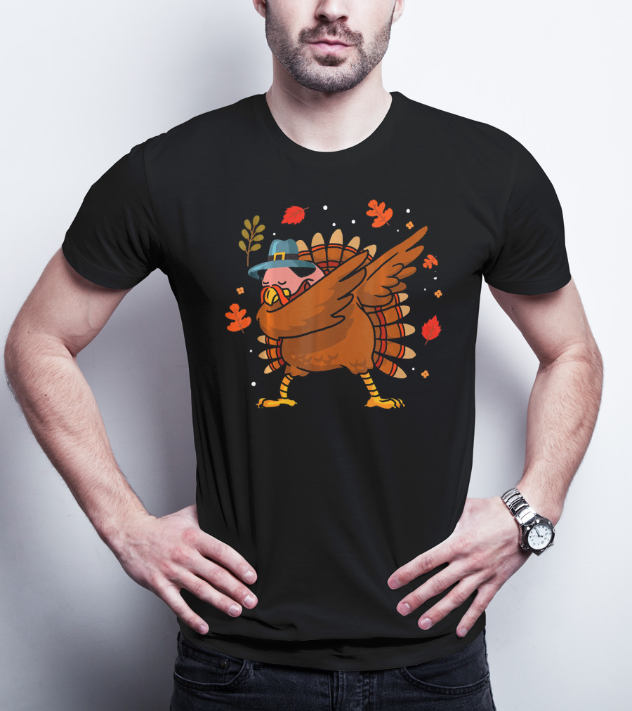 Thanksgiving Turkey Dabbing With Pilgrim Hat And Autumn Leaves T-Shirt