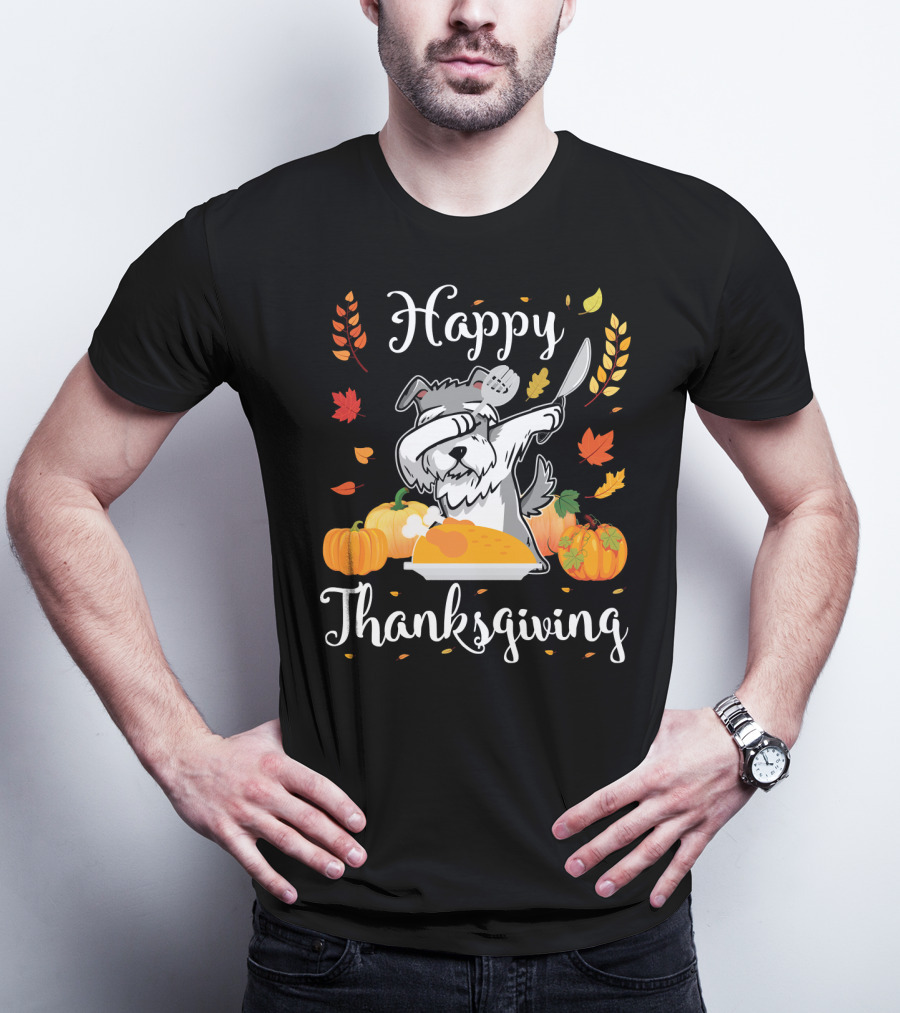 Happy Thanksgiving Schnauzer Dabbing With Turkey And Pumpkins T-Shirt