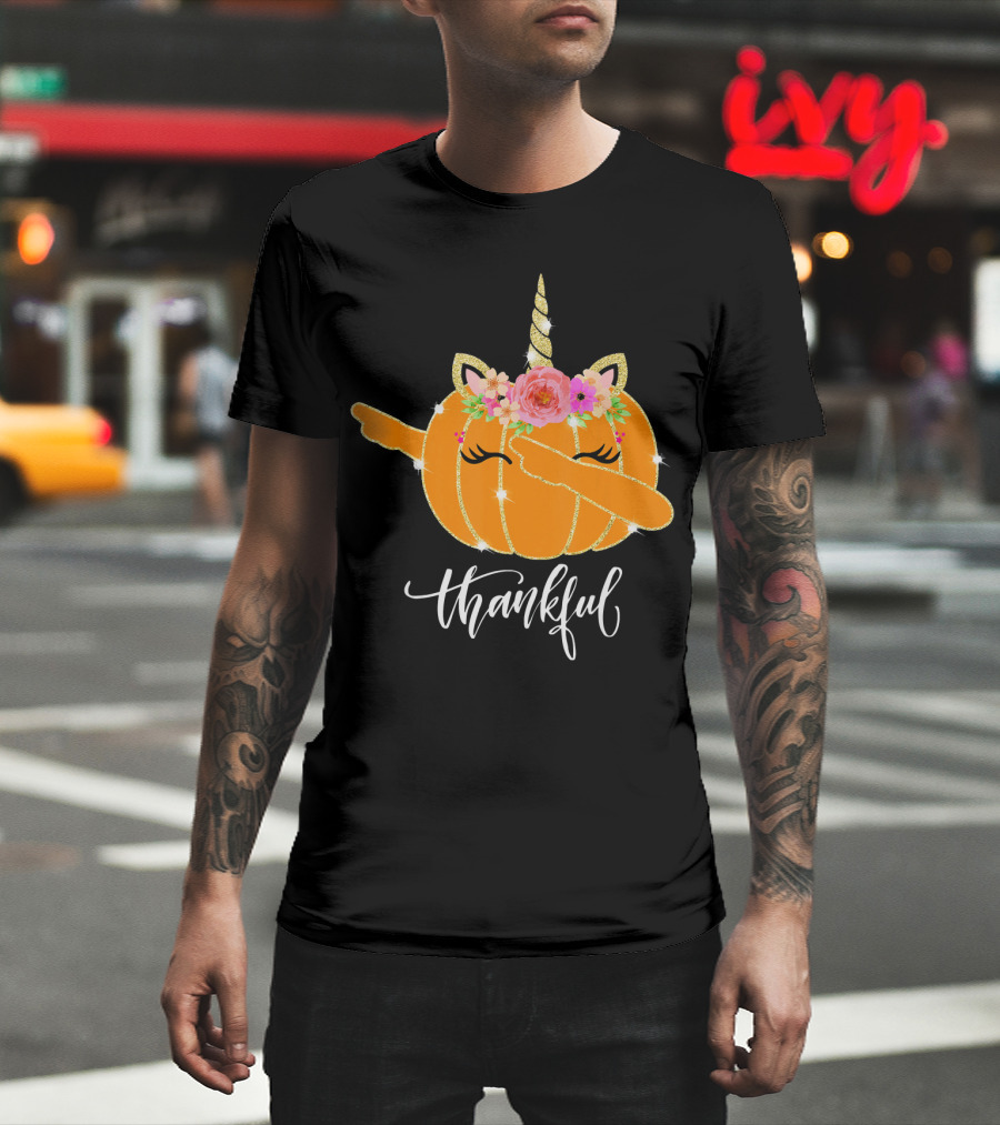 Thankful Dabbing Pumpkin Unicorn With Floral Crown T-Shirt