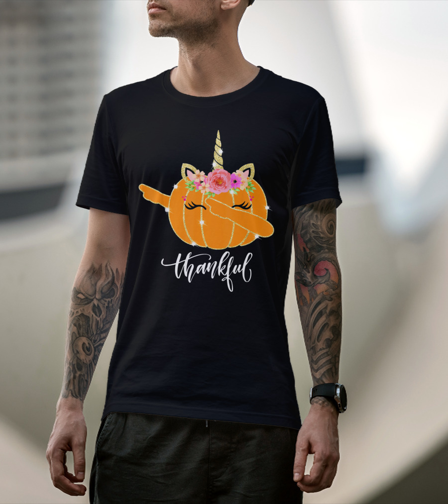Thankful Dabbing Pumpkin Unicorn With Floral Crown T-Shirt