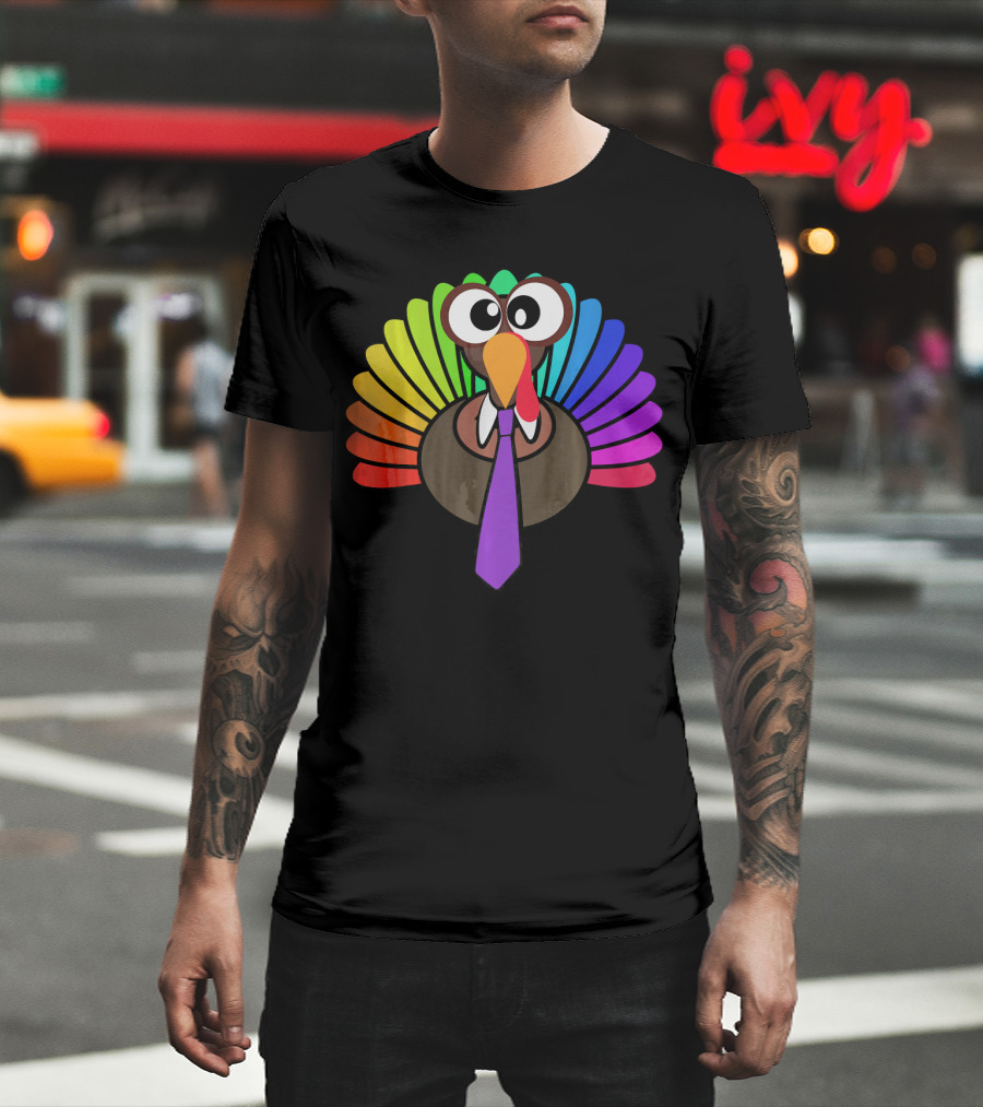 Turkey Face Tie Thanksgiving Colorful Feathers T-Shirt