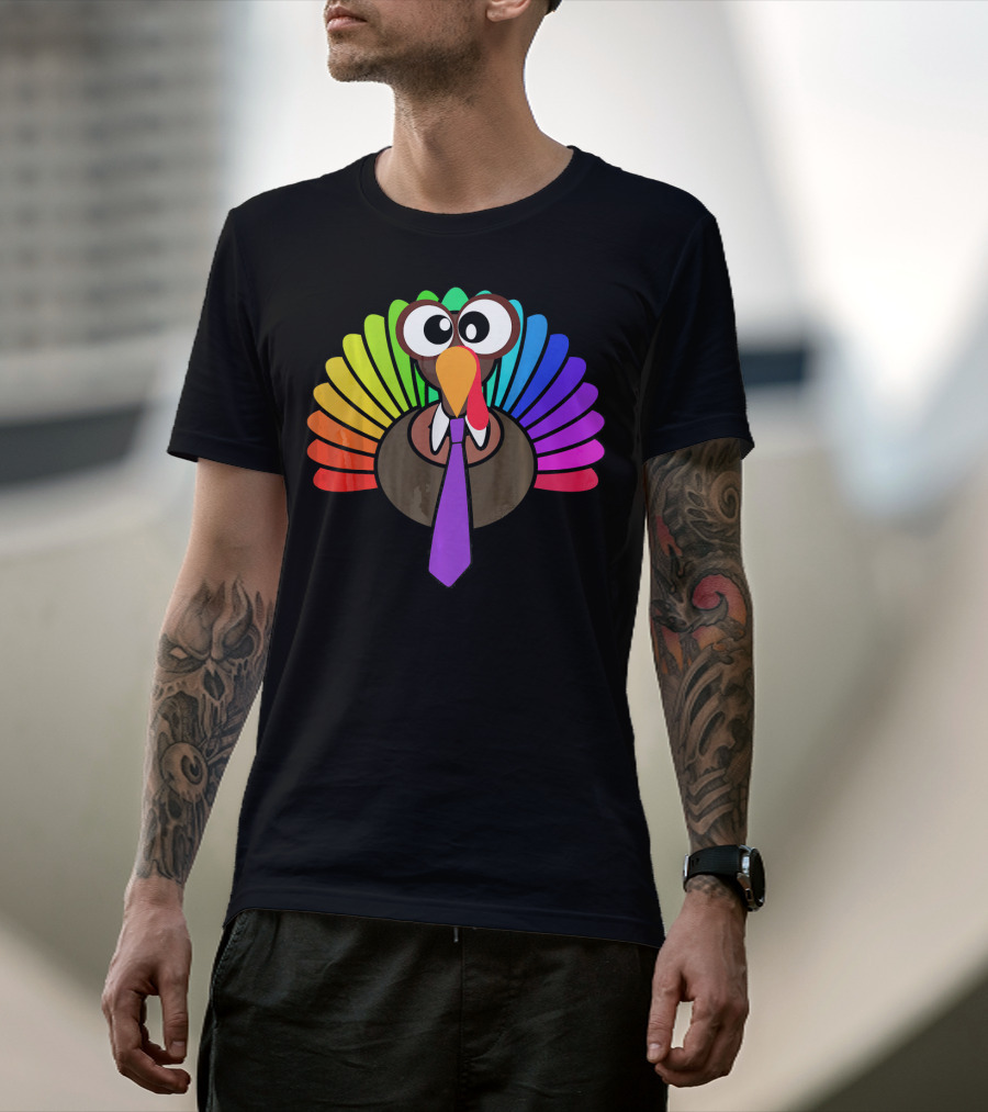 Turkey Face Tie Thanksgiving Colorful Feathers T-Shirt