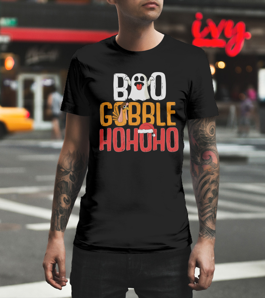 BOO GOBBLE HOHOHO Ghost Turkey Santa Hat T-Shirt
