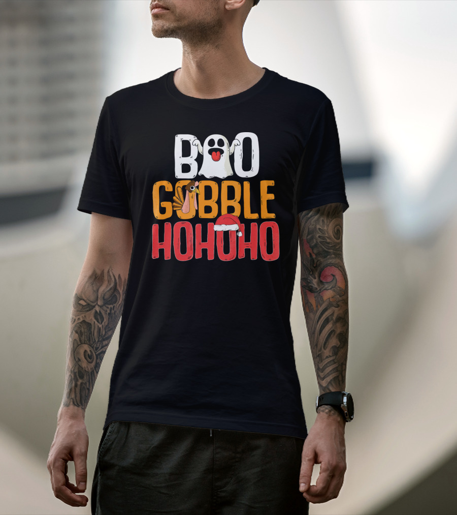 BOO GOBBLE HOHOHO Ghost Turkey Santa Hat T-Shirt
