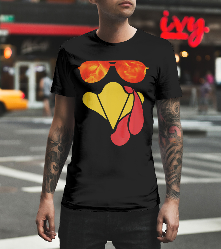 Turkey Face Thanksgiving Sunglasses Fire Flame T-Shirt