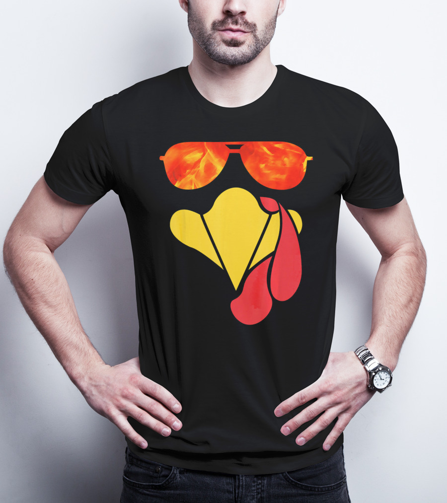 Turkey Face Thanksgiving Sunglasses Fire Flame T-Shirt