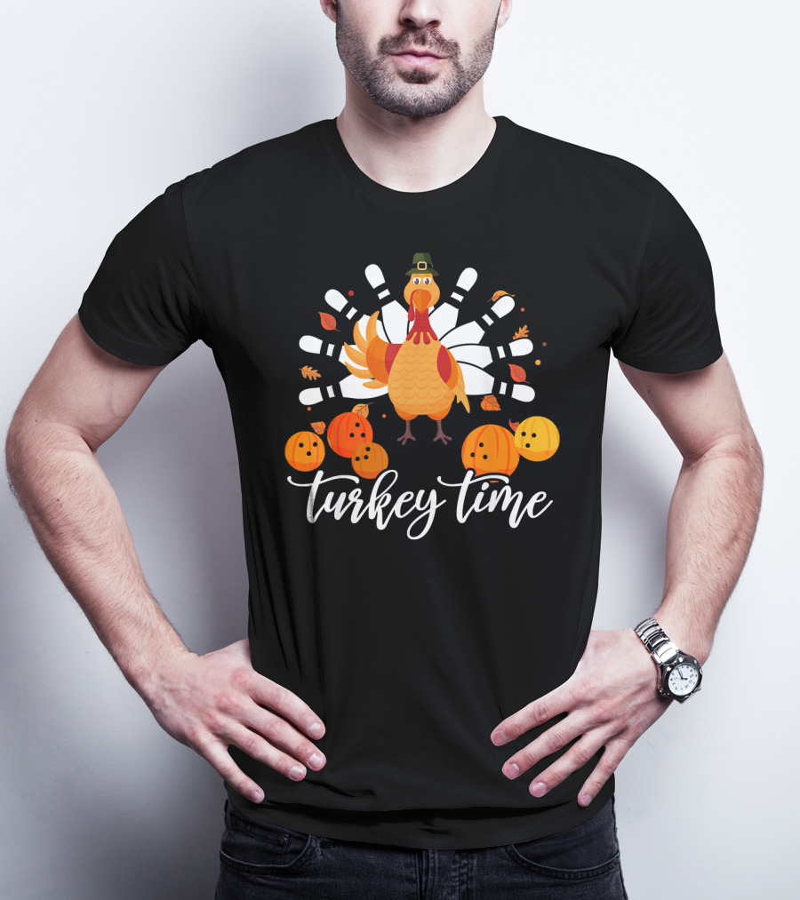 Turkey Time Bowling Fun Thanksgiving Turkey Bowling Pins Pumpkins T-Shirt