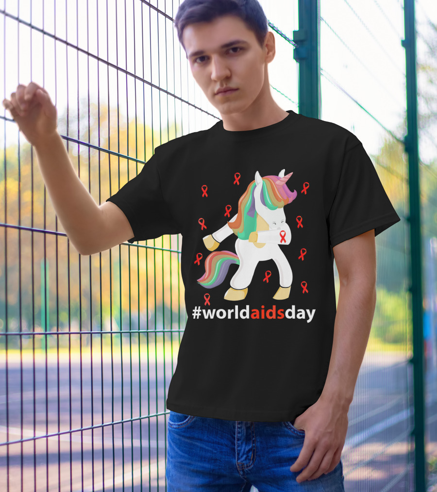 WorldAIDSDay Unicorn With Red Ribbons December 1st T-Shirt