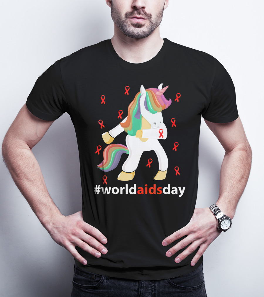 WorldAIDSDay Unicorn With Red Ribbons December 1st T-Shirt