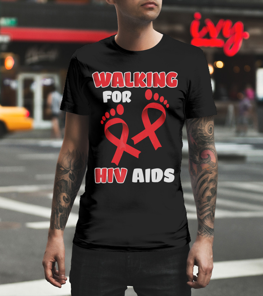 WALKING FOR HIV AIDS AWARENESS WITH RED RIBBON FOOTPRINT T-Shirt