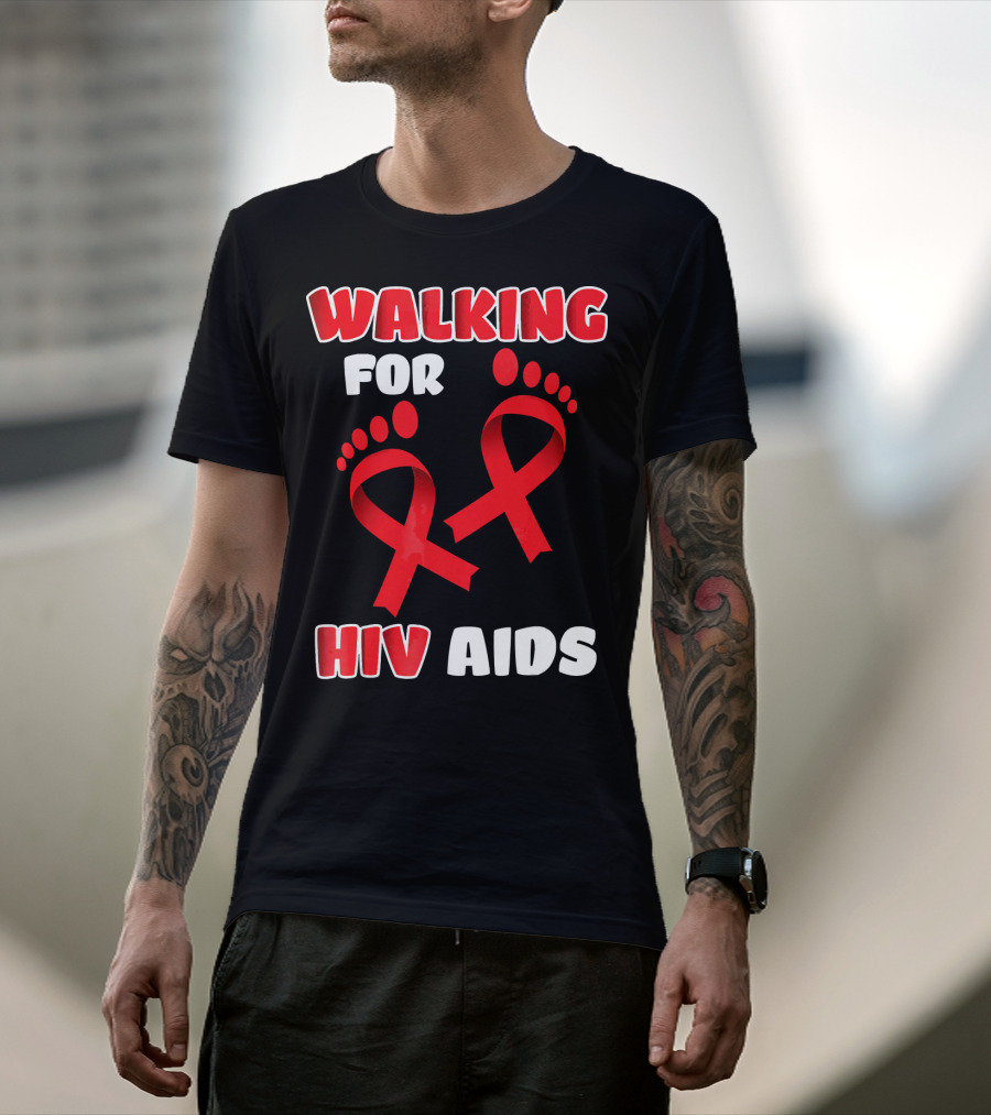 WALKING FOR HIV AIDS AWARENESS WITH RED RIBBON FOOTPRINT T-Shirt