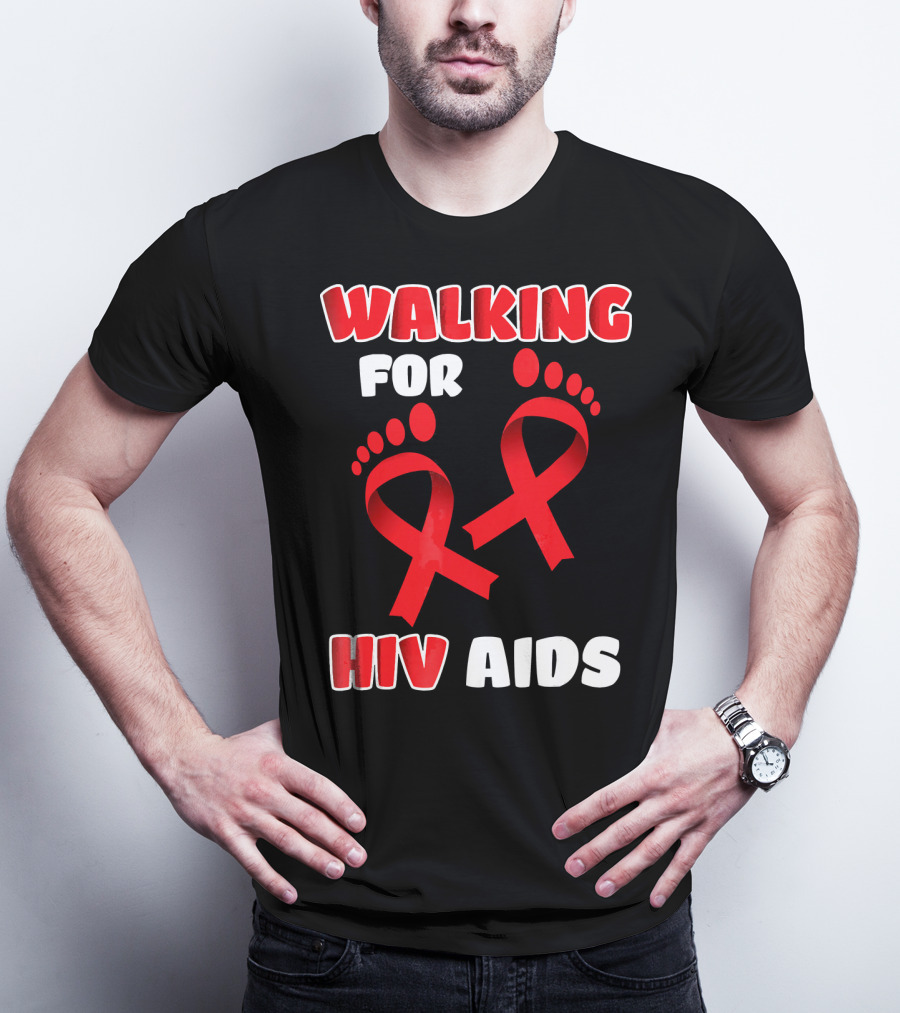 WALKING FOR HIV AIDS AWARENESS WITH RED RIBBON FOOTPRINT T-Shirt