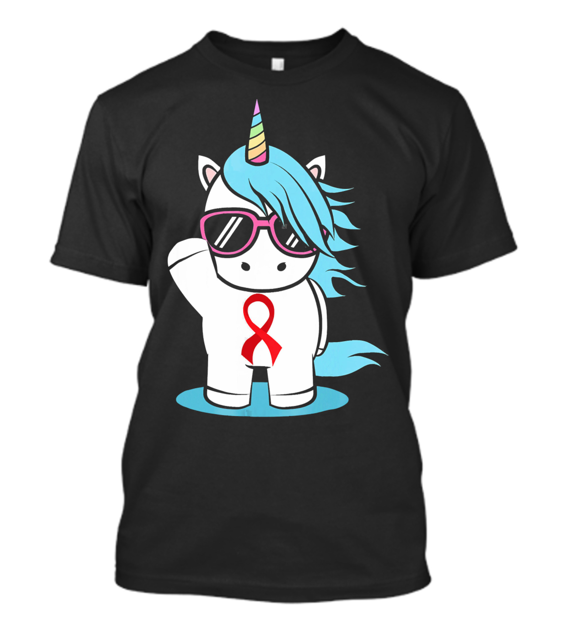 Unicorn With Sunglasses Red Ribbon Aids Awareness HIV Stigma Support T-Shirt