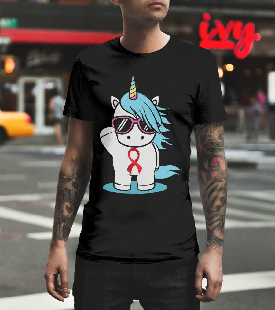 Unicorn With Sunglasses Red Ribbon Aids Awareness HIV Stigma Support T-Shirt
