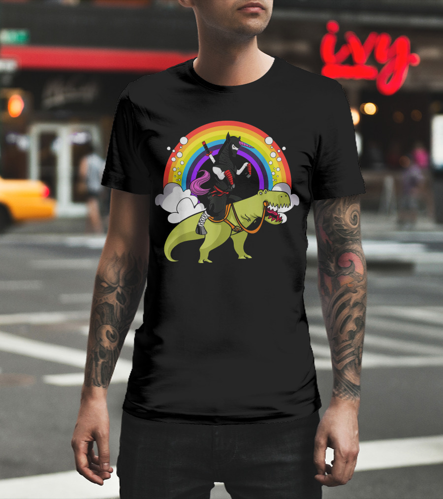Ninja Unicorn Samurai Riding Rex Dinos Under Rainbow T-Shirt