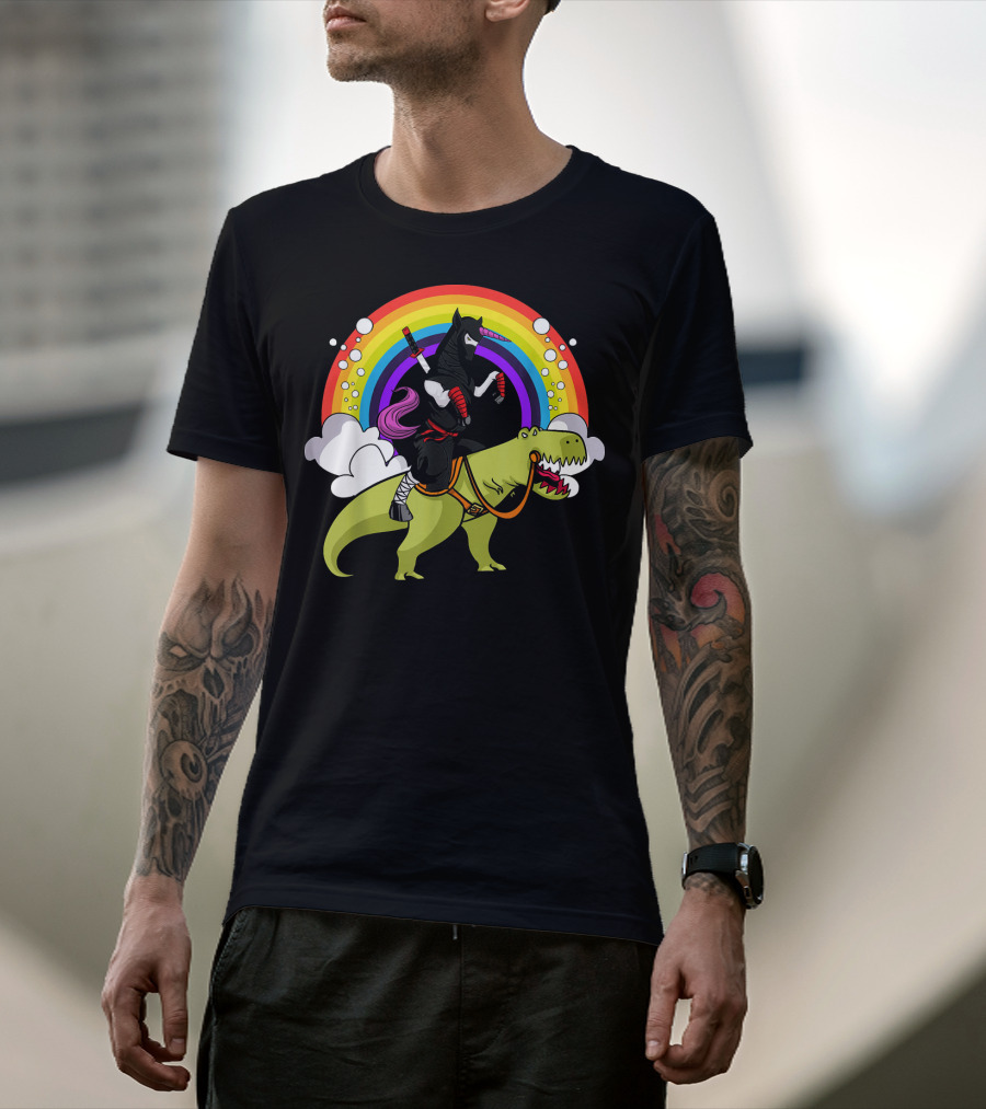 Ninja Unicorn Samurai Riding Rex Dinos Under Rainbow T-Shirt