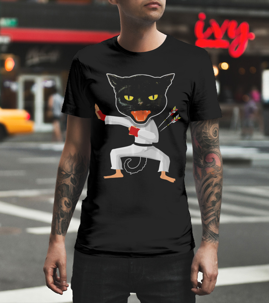 Ninja Cat Karate Master With Yellow Eyes And Arrow Struck Cloak T-Shirt