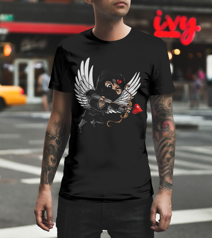 Ninja Cupid Valentine With Bow And Heart Arrow Angel Wings T-Shirt