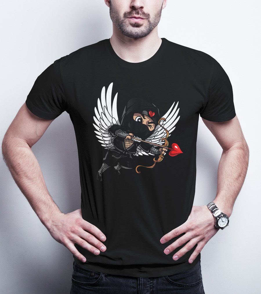 Ninja Cupid Valentine With Bow And Heart Arrow Angel Wings T-Shirt