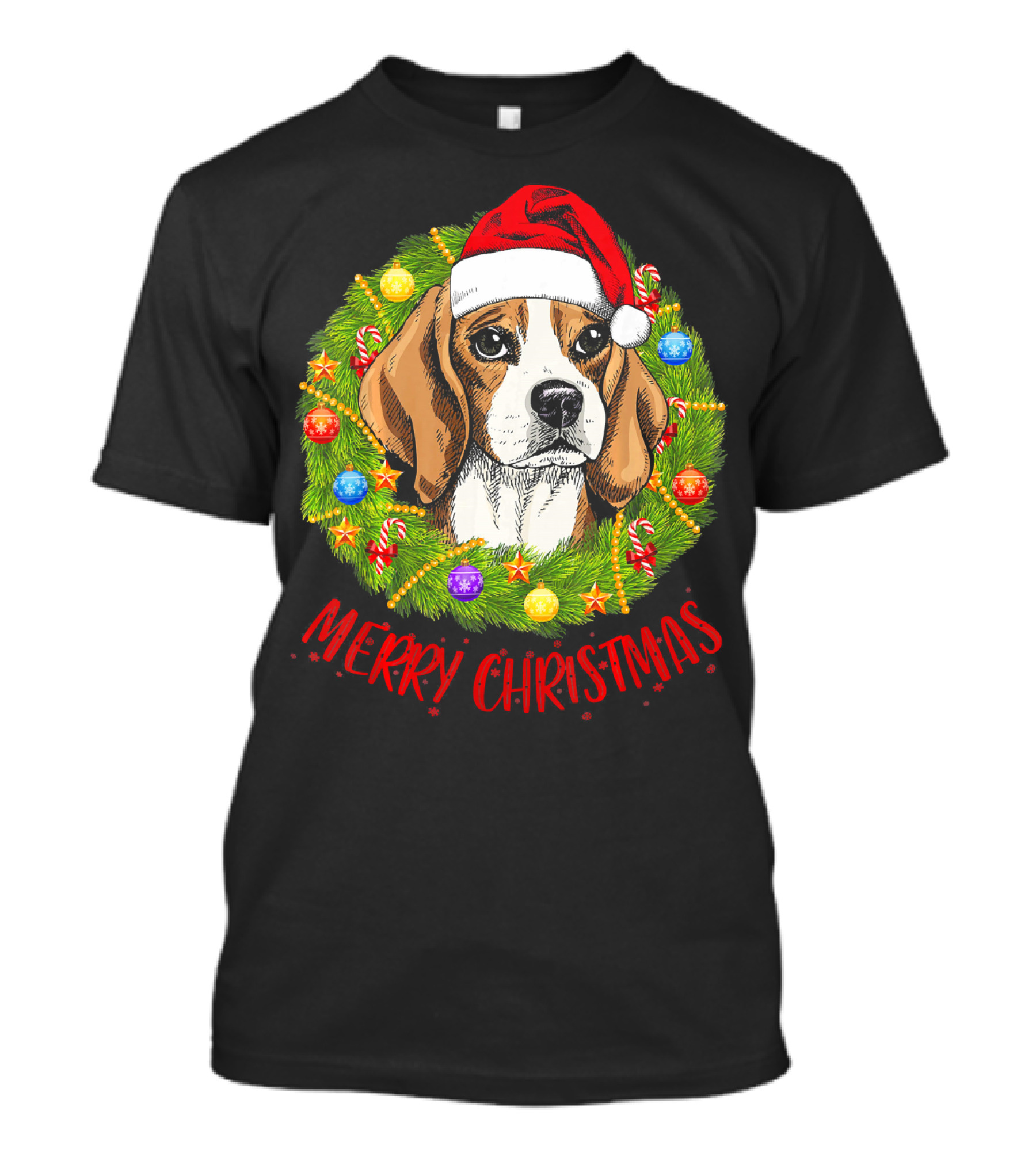 Merry Christmas Beagle Dogs In Santa Hat With Holiday Wreath T-Shirt